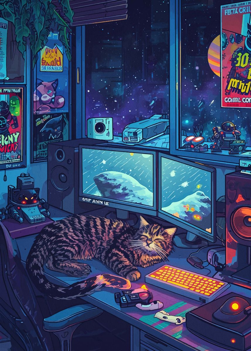 'Cat Game Neon' Poster, picture, metal print, paint by Kaci Dominguez ...