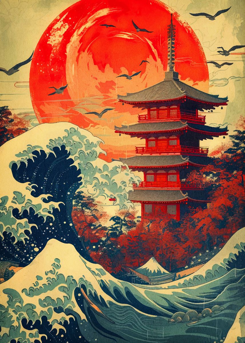 'japanese wave red moon' Poster, picture, metal print, paint by ...