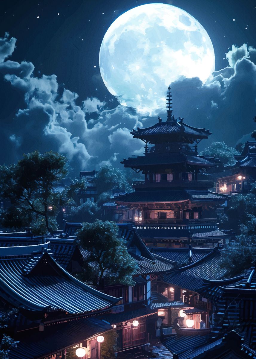 'Japanese Moon Ladscape' Poster, picture, metal print, paint by ...