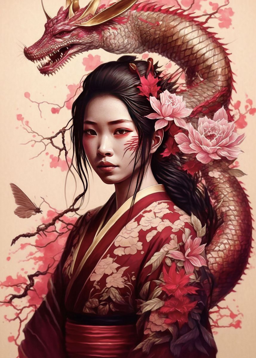 'Geisha dragon' Poster, picture, metal print, paint by Japanese ...