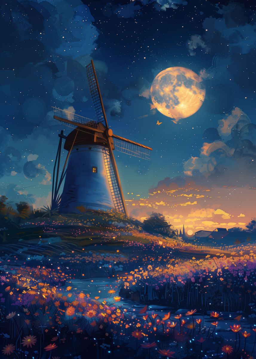 'Windmill Anime Landscape' Poster, picture, metal print, paint by ...