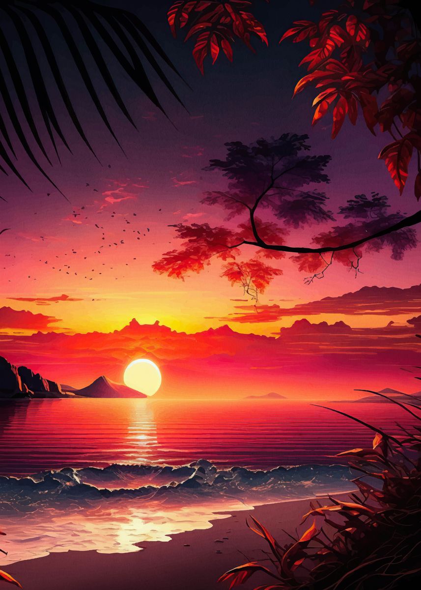 'Beach Sunset Landscape' Poster, picture, metal print, paint by Ellen ...