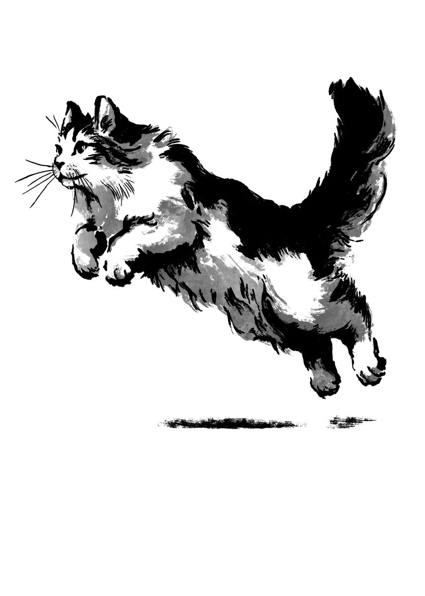 'Sumie Cat Pouncing ' Poster, picture, metal print, paint by Fanfreak ...