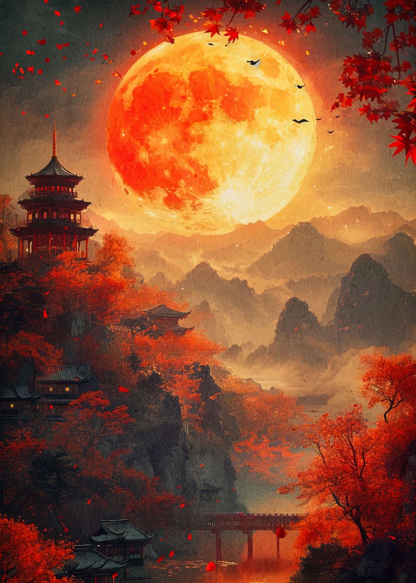 'japanese moon red' Poster, picture, metal print, paint by anartdk ...