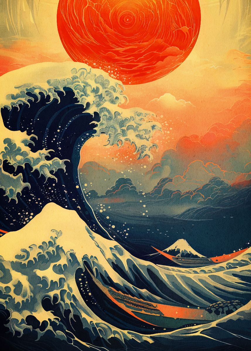 'japanese wave red moon' Poster, picture, metal print, paint by ...