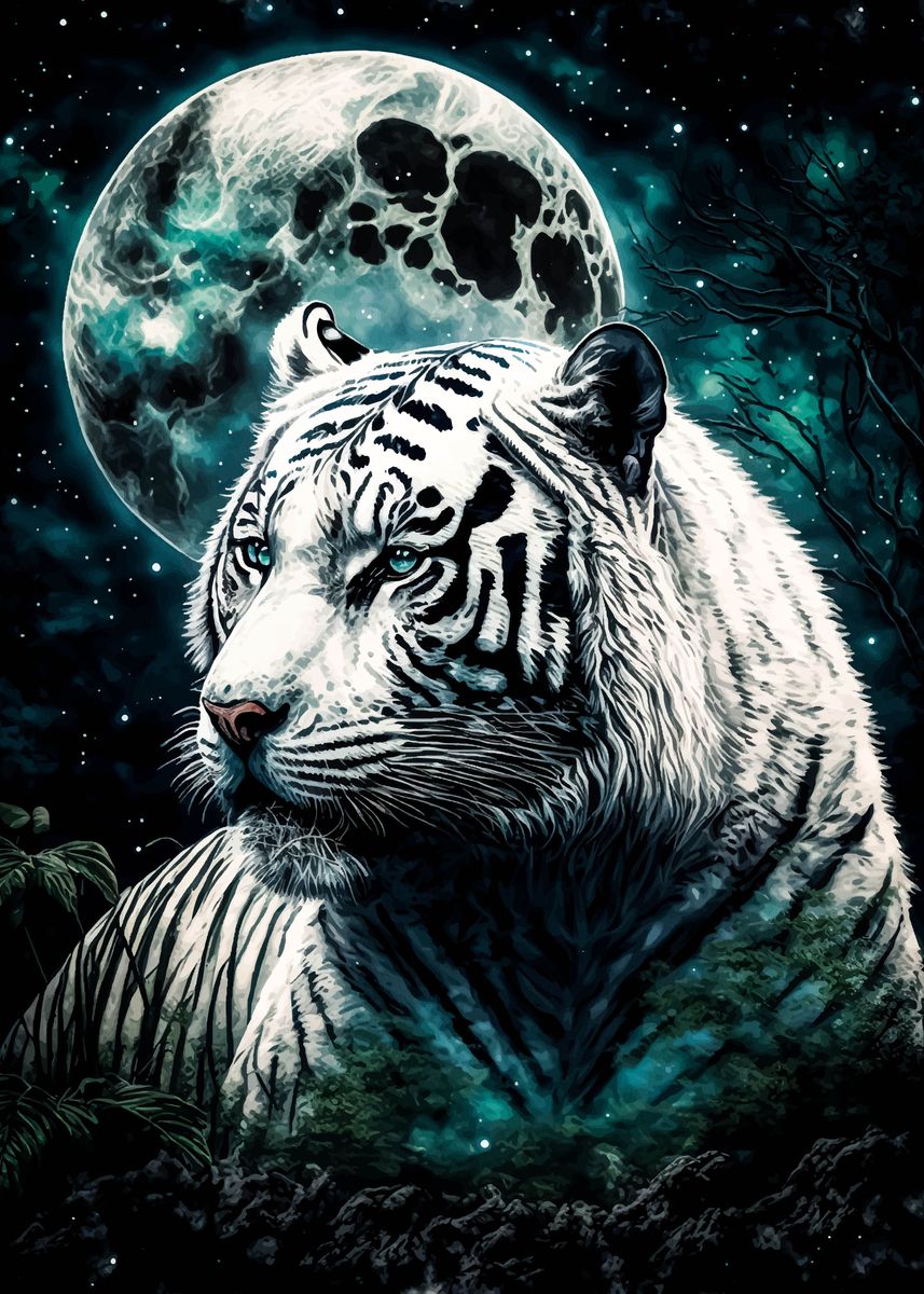 'White Tiger Moon' Poster, picture, metal print, paint by Eira | Displate