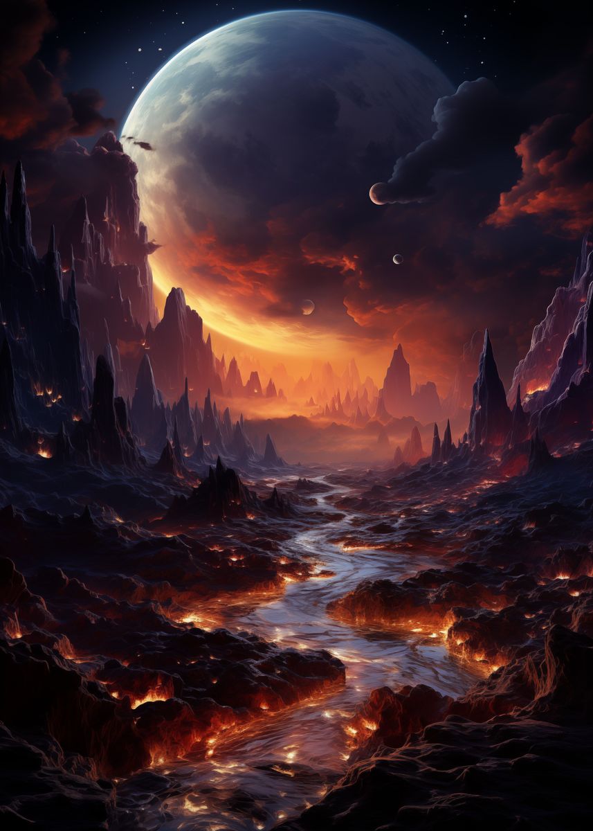 'Fiery alien planet' Poster, picture, metal print, paint by Yuki | Displate