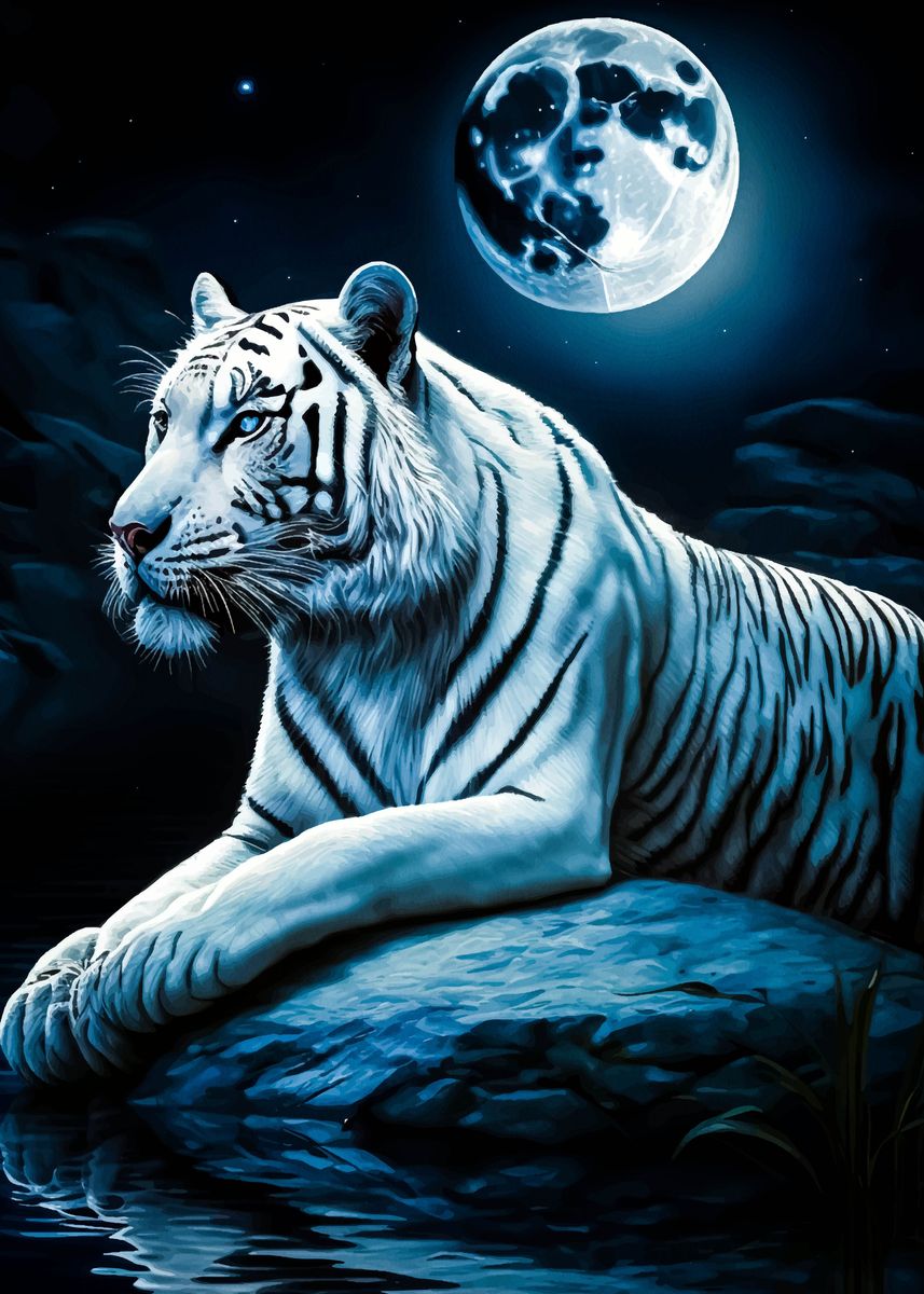 'White Tiger Moon' Poster, picture, metal print, paint by Eira | Displate