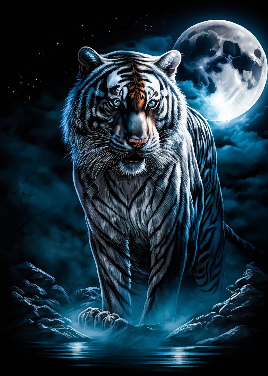 'White Tiger Moon' Poster, picture, metal print, paint by Eira | Displate