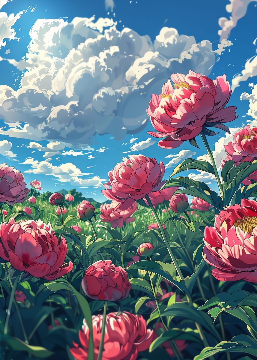'Peony Flowers Anime' Poster, picture, metal print, paint by Hristiyana ...