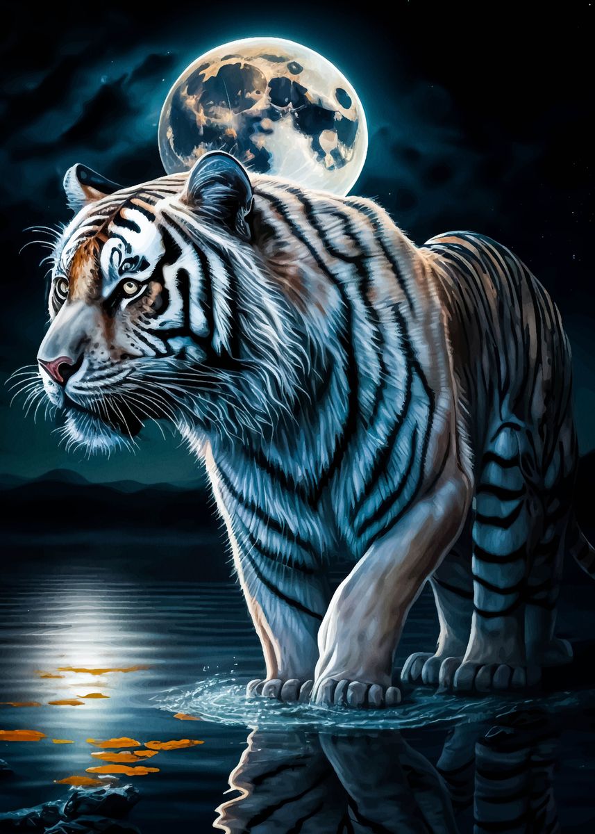 'White Tiger Moon' Poster, picture, metal print, paint by Eira | Displate