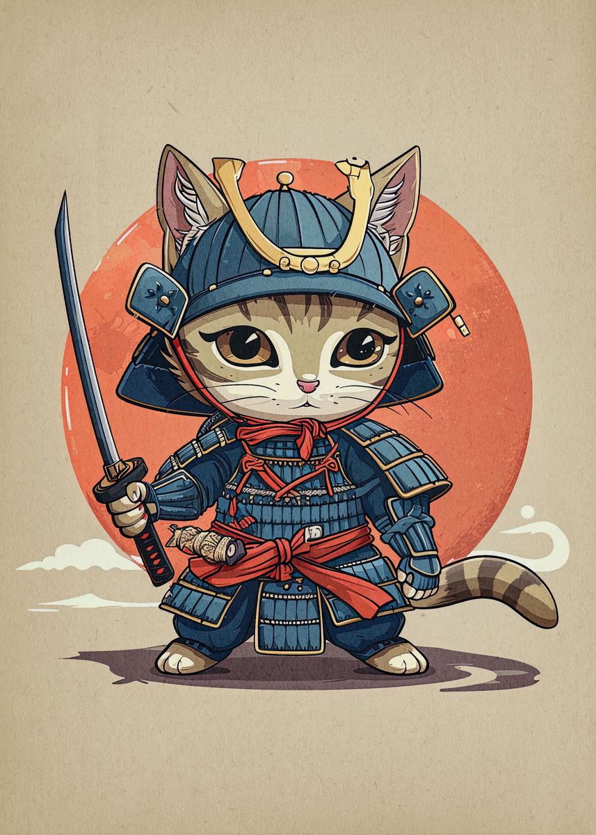 'cat samurai japanese ' Poster, picture, metal print, paint by Coral ...