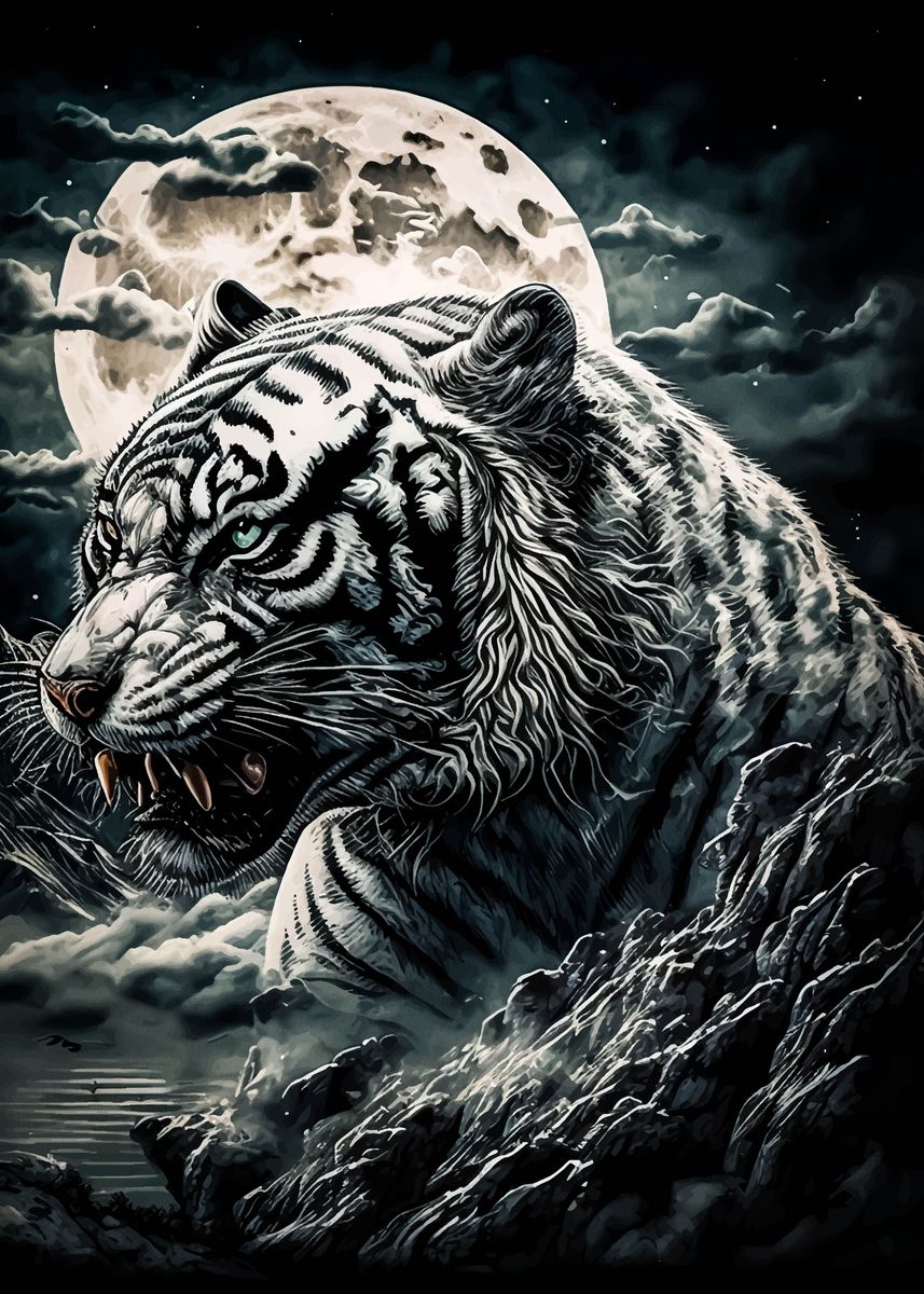 'White Tiger Moon' Poster, picture, metal print, paint by Eira | Displate
