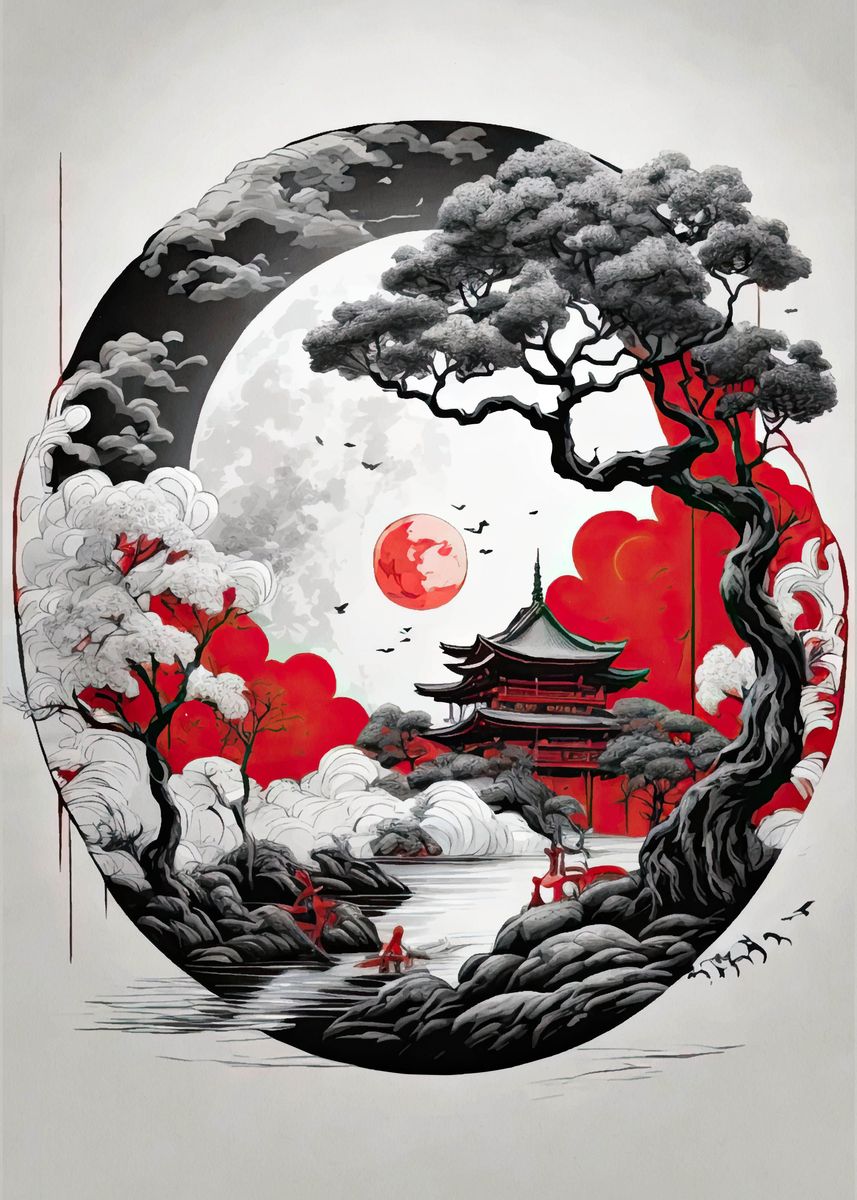 'red japanese' Poster, picture, metal print, paint by DonnaAnselm ...