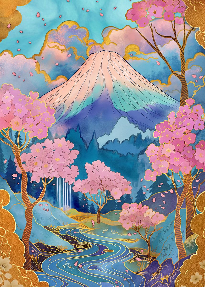'springtime japan landscape' Poster, picture, metal print, paint by ...