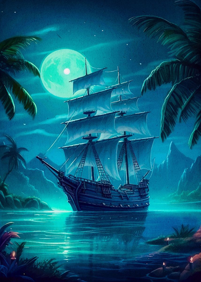 'pirate boat landscape ' Poster, picture, metal print, paint by Patsy ...