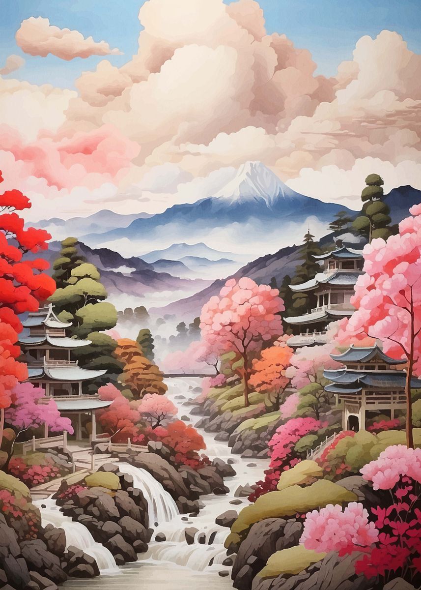 'Japan Landscape' Poster, picture, metal print, paint by Eira | Displate