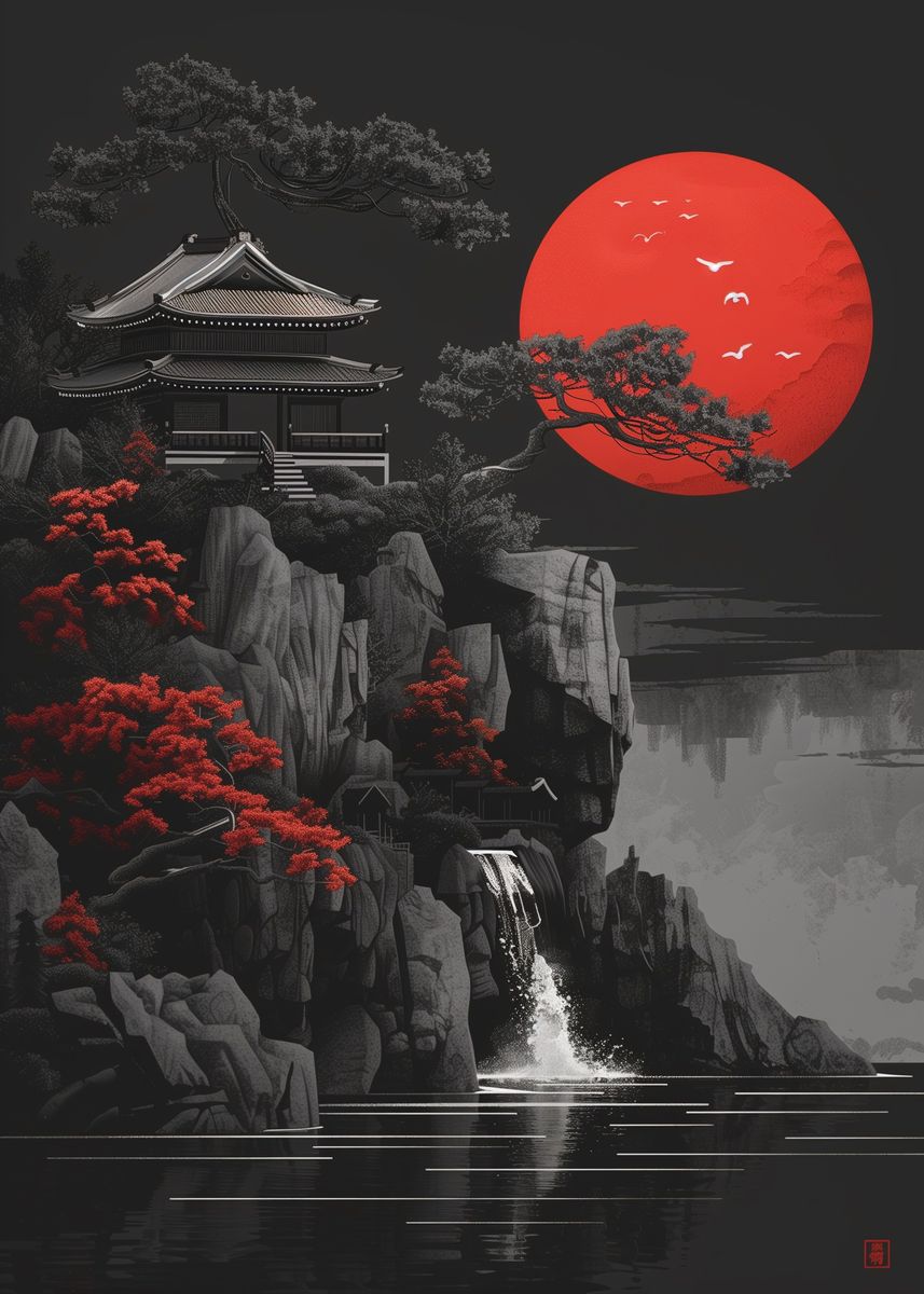 'Red Moon Japan Ink' Poster, picture, metal print, paint by Danan Putra ...