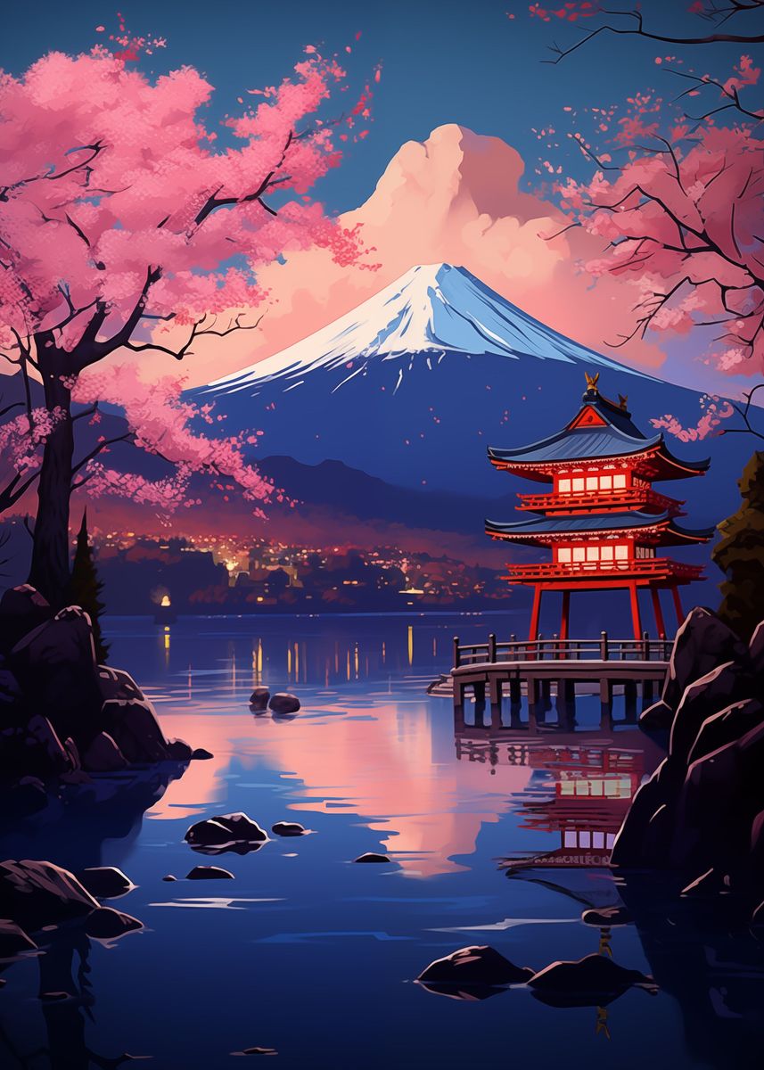 'japan sakura in mount fuji' Poster, picture, metal print, paint by ...
