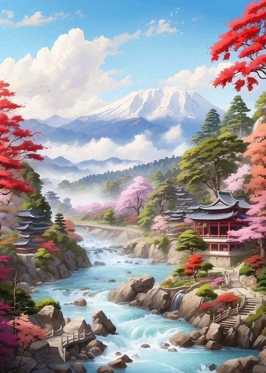 'Japan Landscape' Poster, picture, metal print, paint by Eira | Displate