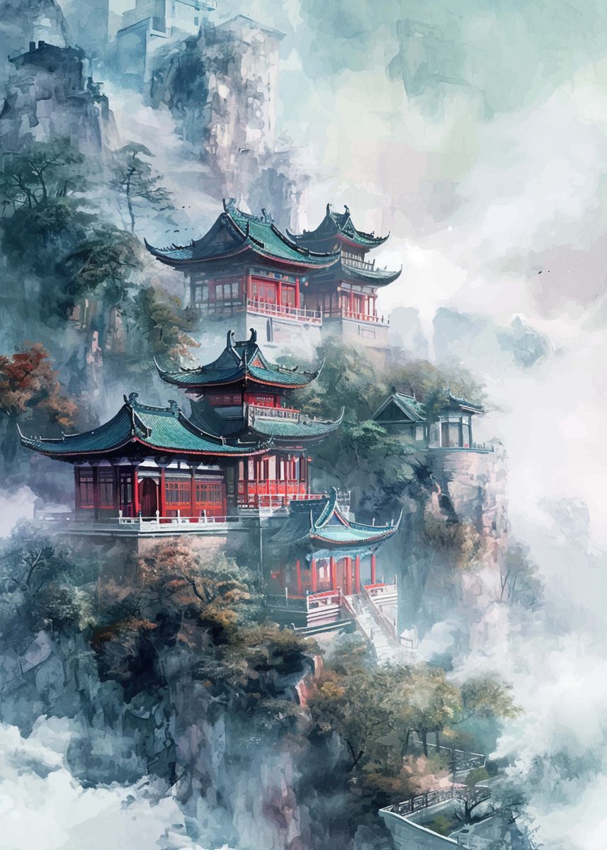 'Chinese Landscape' Poster, picture, metal print, paint by Eira | Displate
