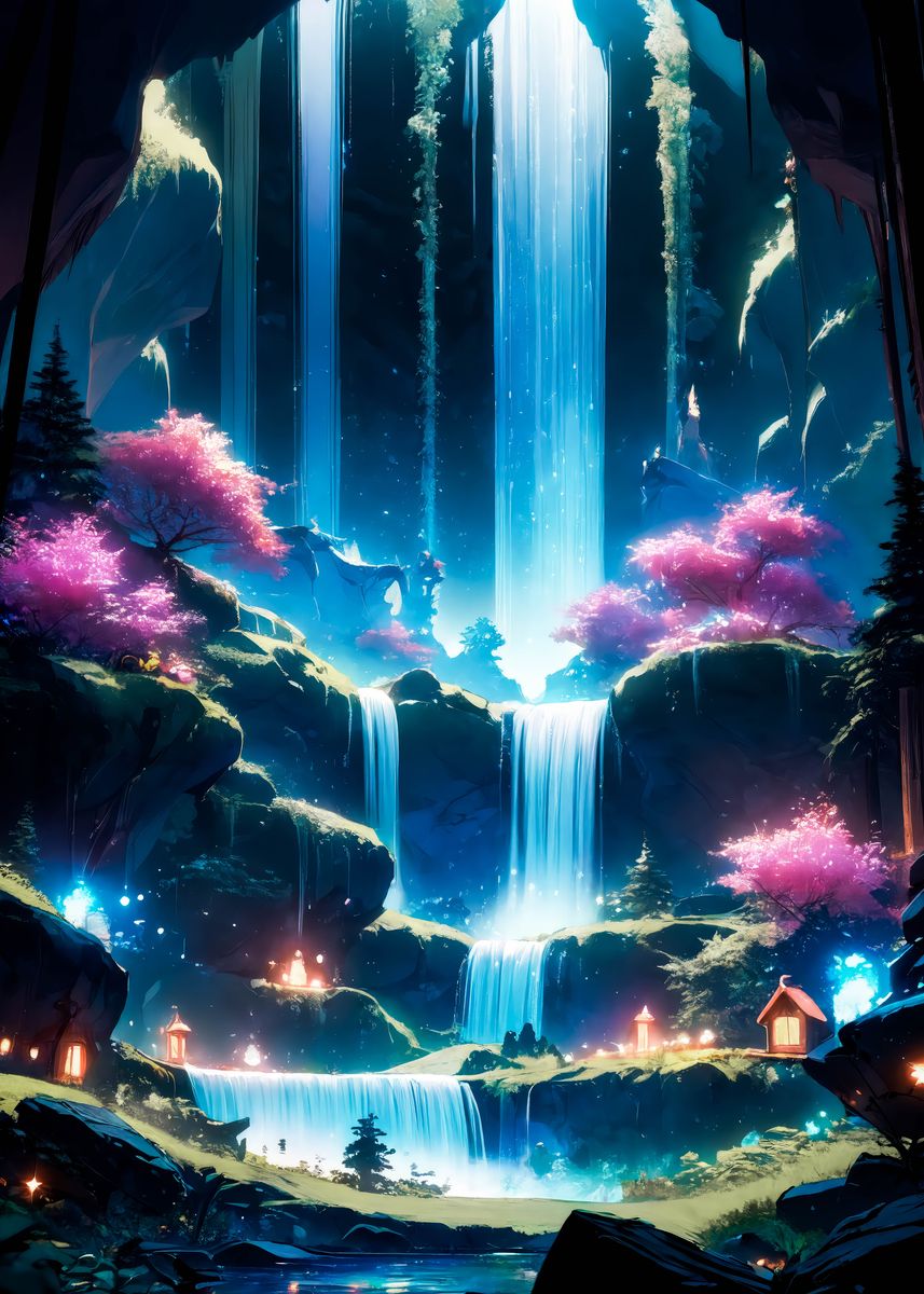 'Serenity Cascade' Poster, picture, metal print, paint by Maxime Arbez | Displate