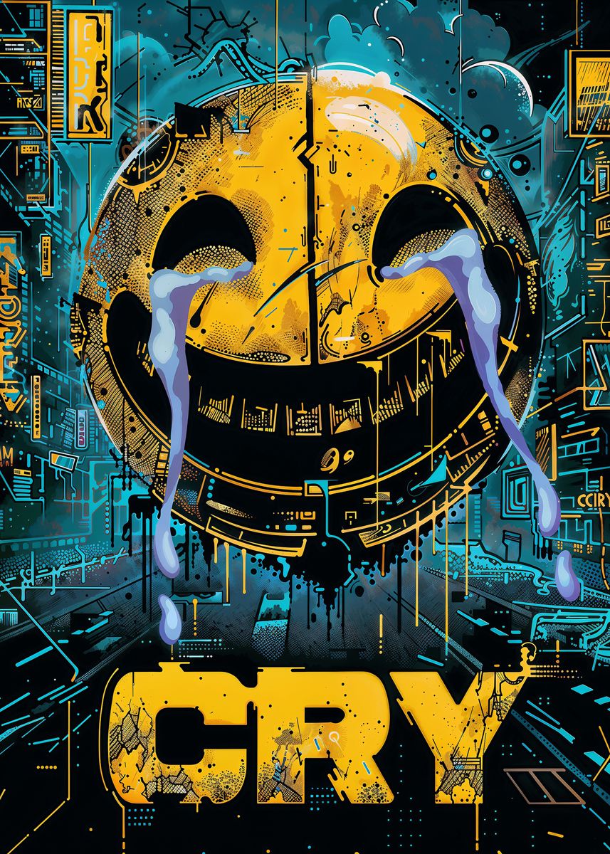 'Cyberpunk Crying Emoji' Poster, picture, metal print, paint by ...