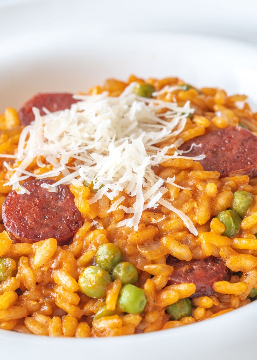 'Portion of chorizo risotto' Poster, picture, metal print, paint by ...