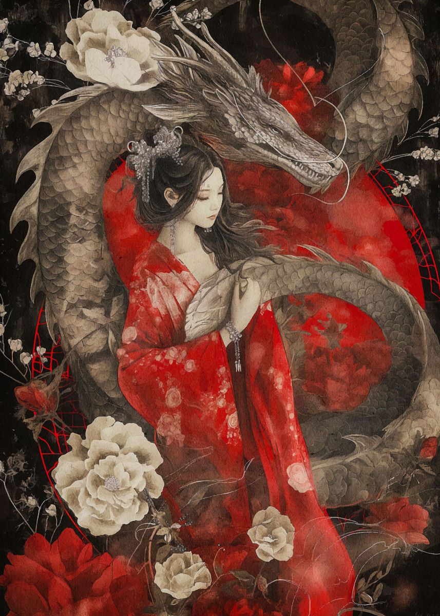 'geisha dragon japan ' Poster, picture, metal print, paint by ...