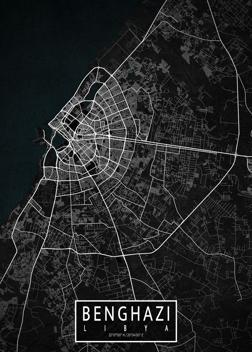 'Benghazi City Map Dark' Poster, picture, metal print, paint by deMAP ...