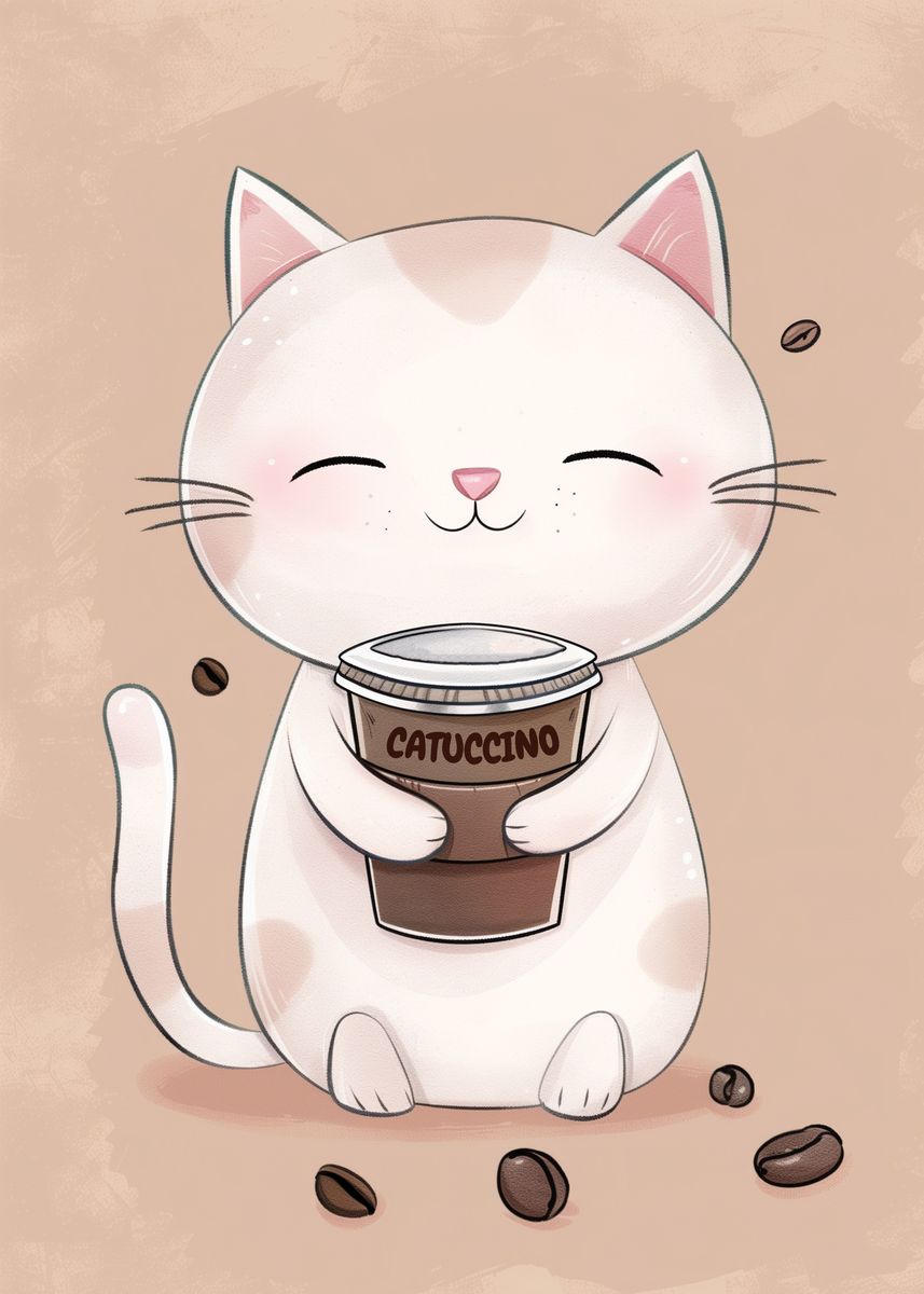 'Happy Cat with Coffee' Poster, picture, metal print, paint by ...