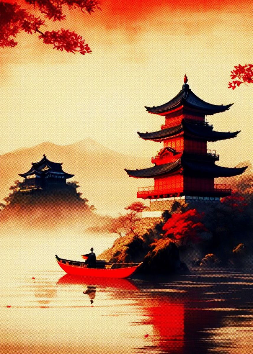 'Red Castle Japan' Poster, picture, metal print, paint by Savika | Displate