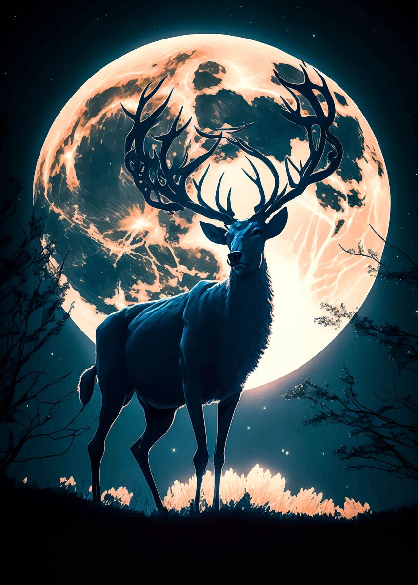 'Deer Moon Landscape' Poster, picture, metal print, paint by Animal ...
