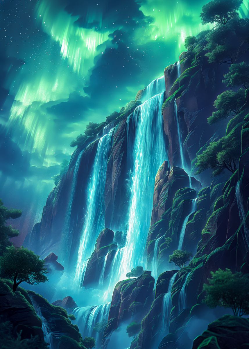 'Mystical Night Waterfall' Poster, picture, metal print, paint by Aryan ...