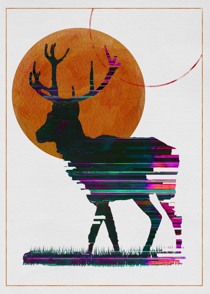 'Glitch deer golden sun' Poster, picture, metal print, paint by ...