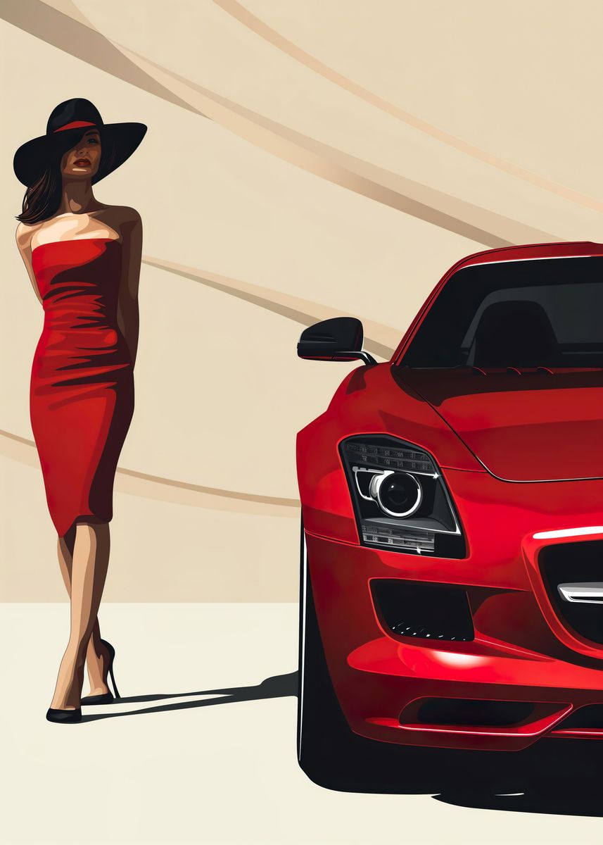 'Lady in red and Mercedes' Poster, picture, metal print, paint by Roman ...