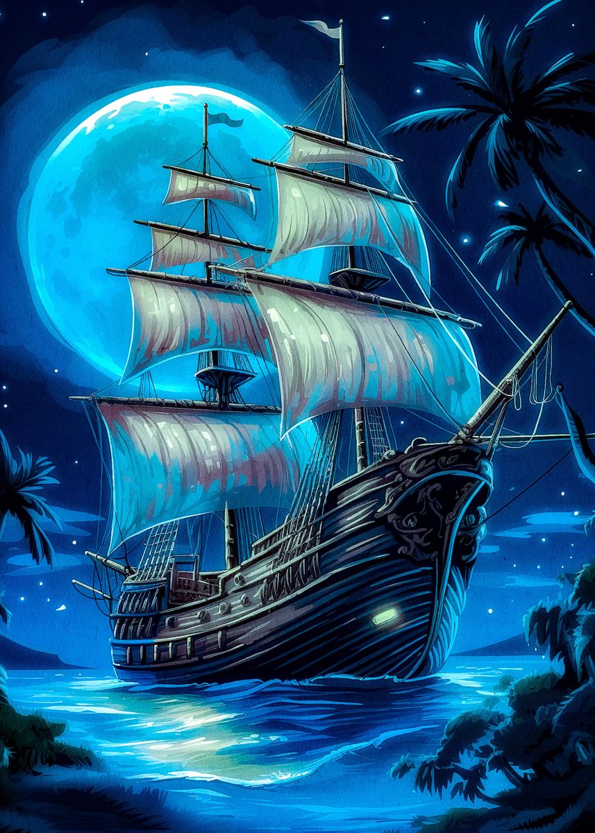 'pirate boat landscape' Poster, picture, metal print, paint by Patsy ...