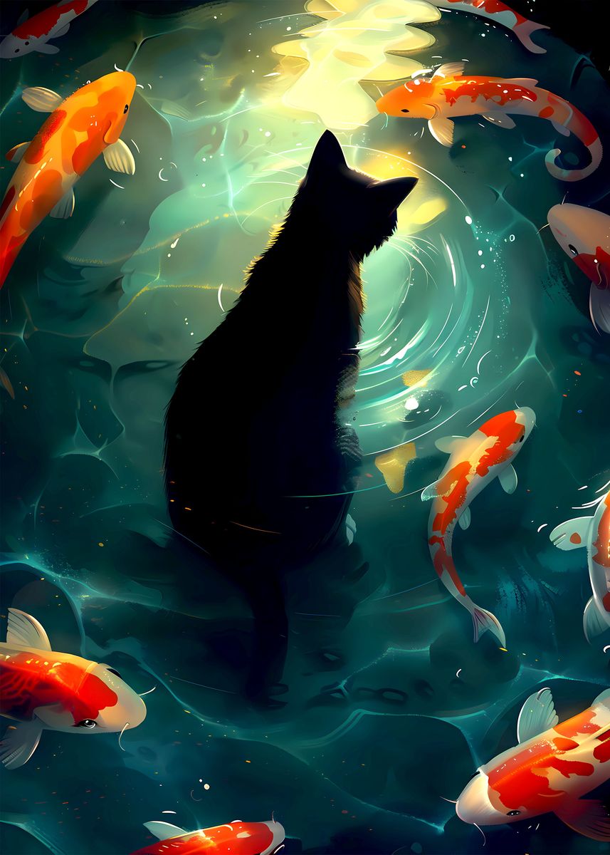 'Black Cat with Koi Fish' Poster, picture, metal print, paint by ...