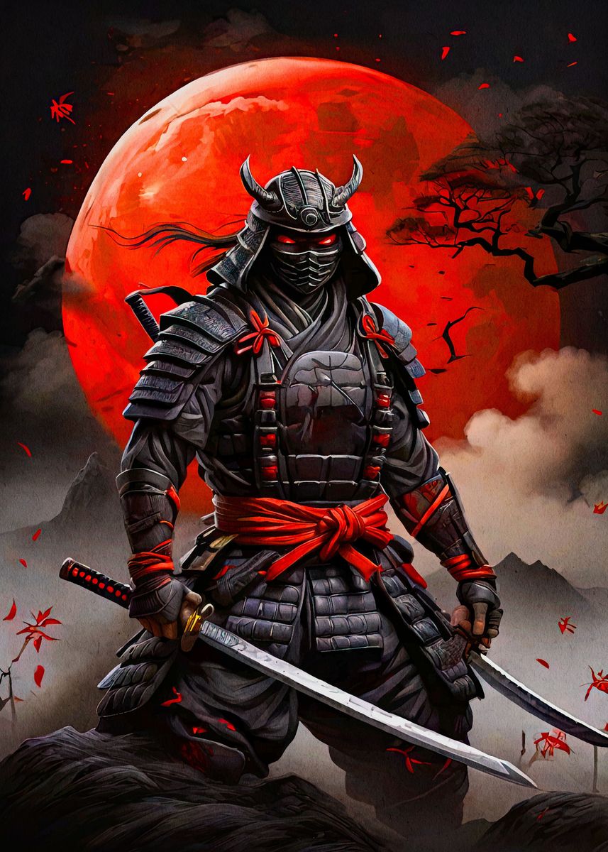 'samurai moon red' Poster, picture, metal print, paint by Anime Manga ...