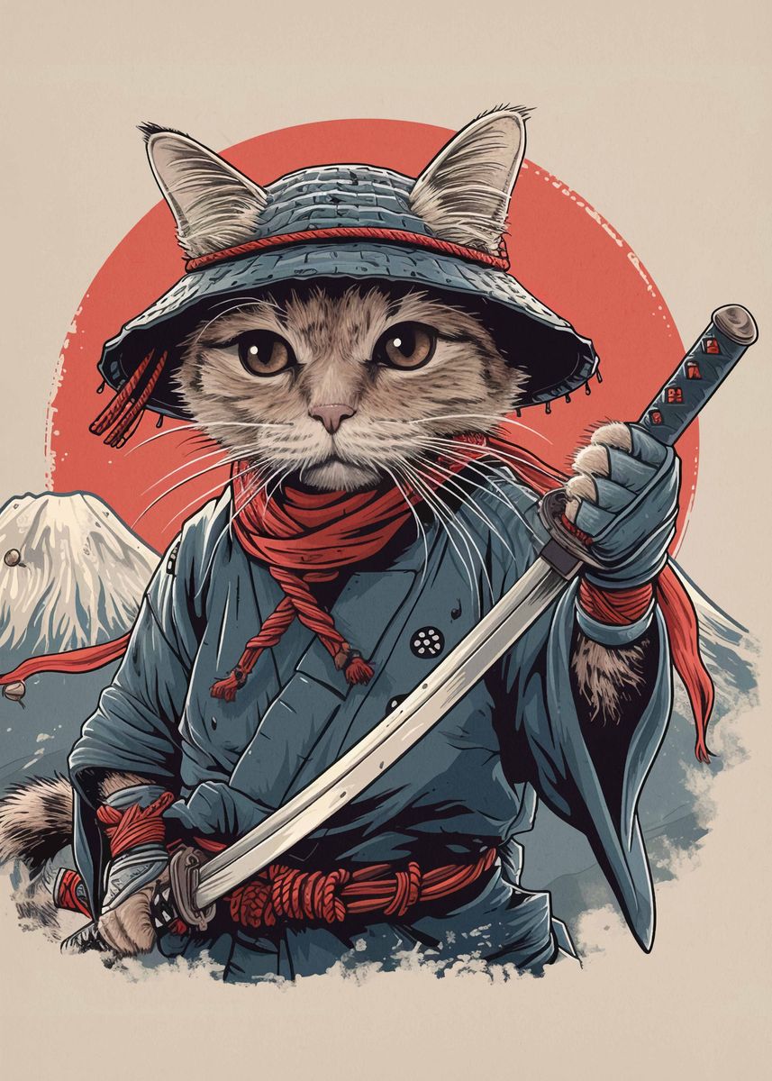 'Cat Samurai Animal' Poster, picture, metal print, paint by EPL Retro ...
