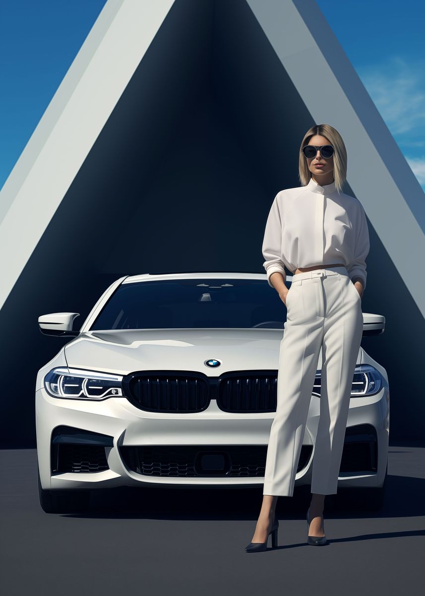 'BMW M5 F90 car and girl' Poster, picture, metal print, paint by Roman Stasiuk | Displate