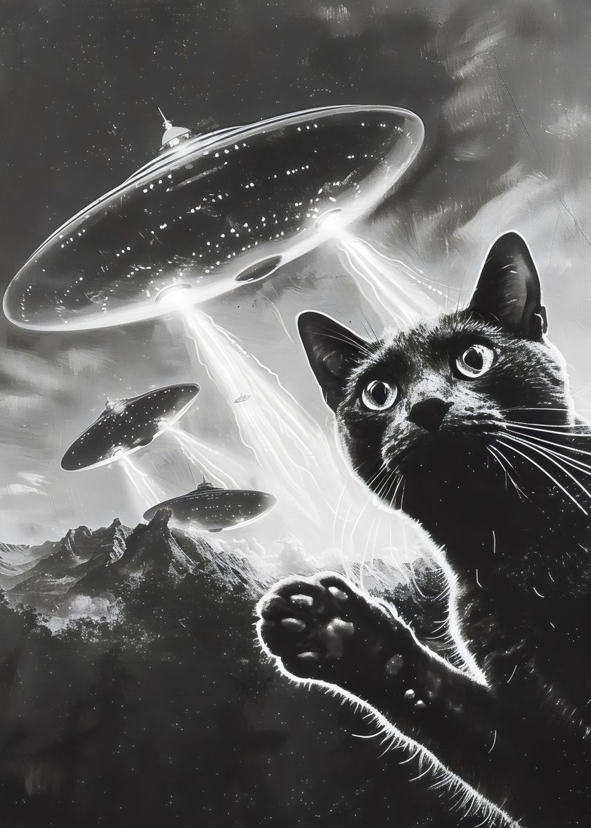 'Funny Cat UFO' Poster, picture, metal print, paint by Silvie Art ...
