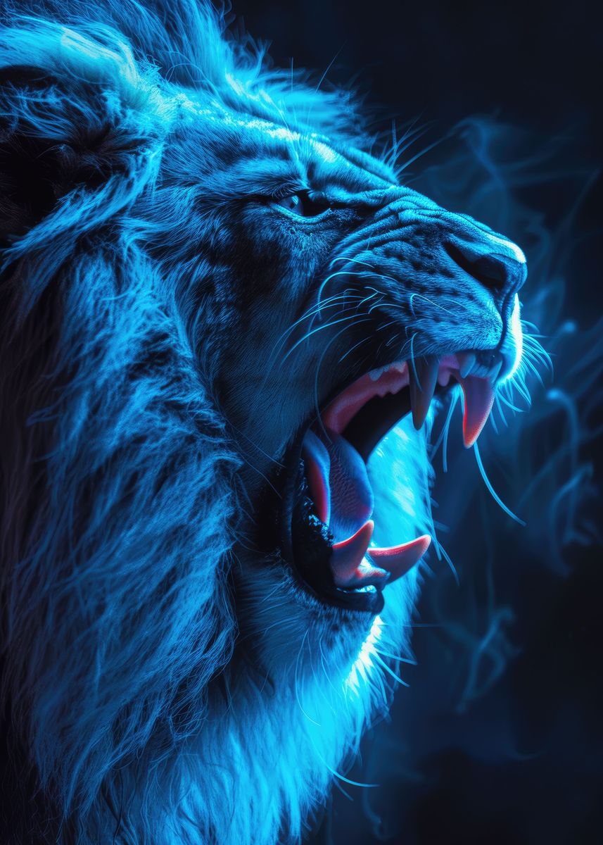 'Roaring Neon Blue Lion' Poster, picture, metal print, paint by Jan ...