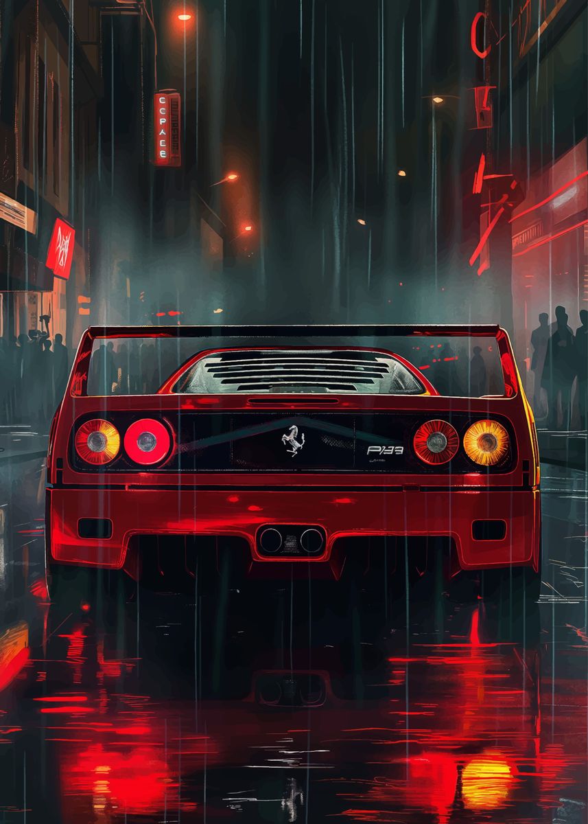 'Red Ferrari in the Rain' Poster, picture, metal print, paint by Anima ...
