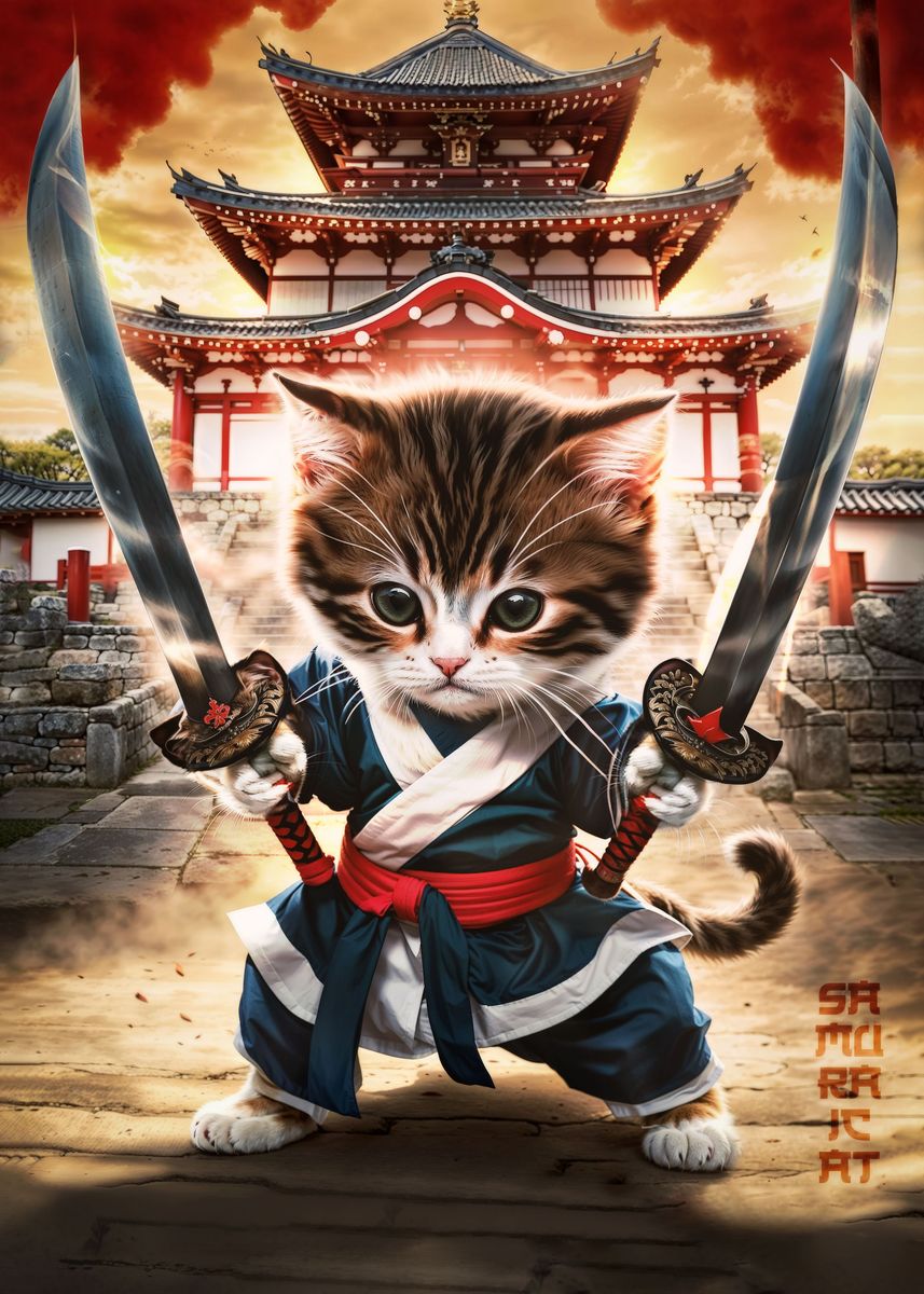 'Samurai Cat' Poster, picture, metal print, paint by Bruno Macedo | Displate