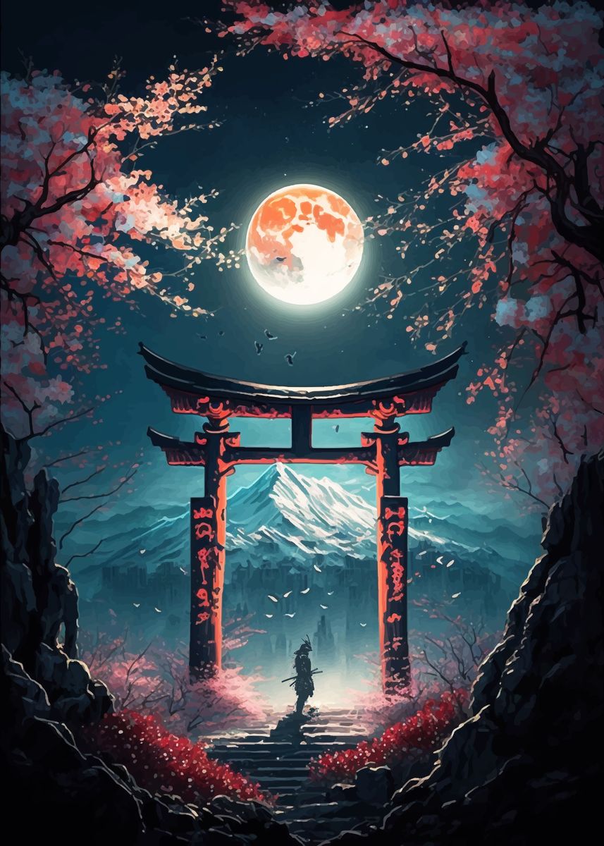 'Samurai Moon' Poster, picture, metal print, paint by Best Arts | Displate