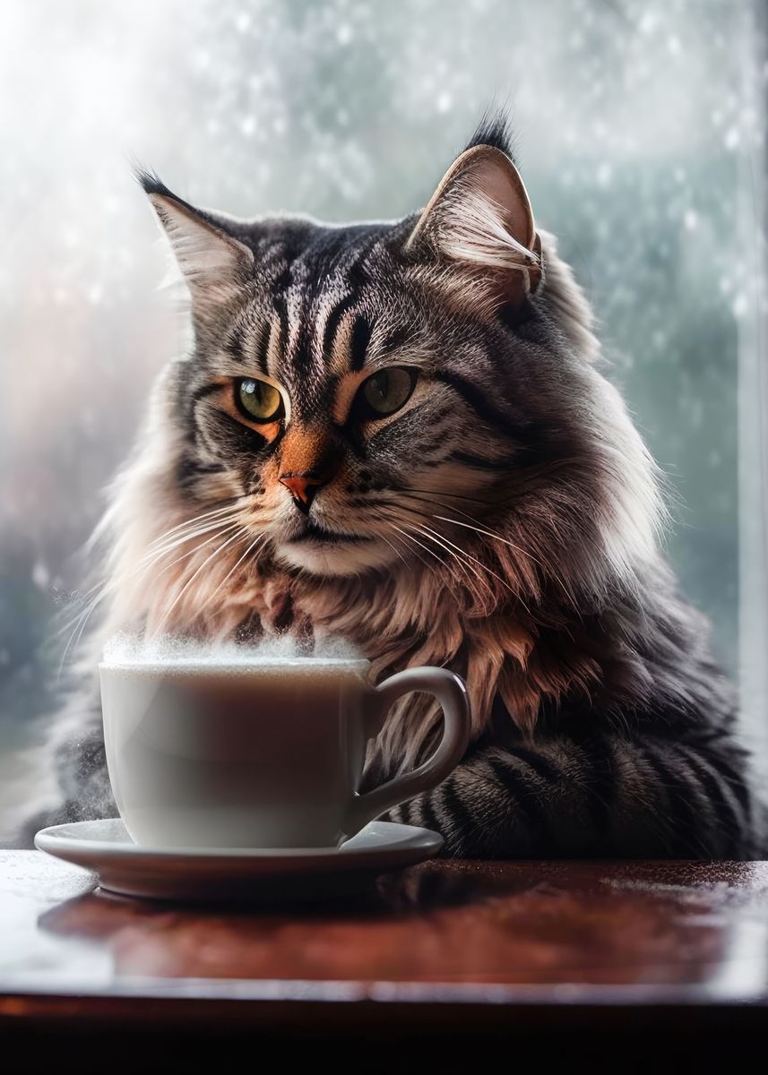 'Caffeine cat 2' Poster, picture, metal print, paint by JBJart Justyna ...