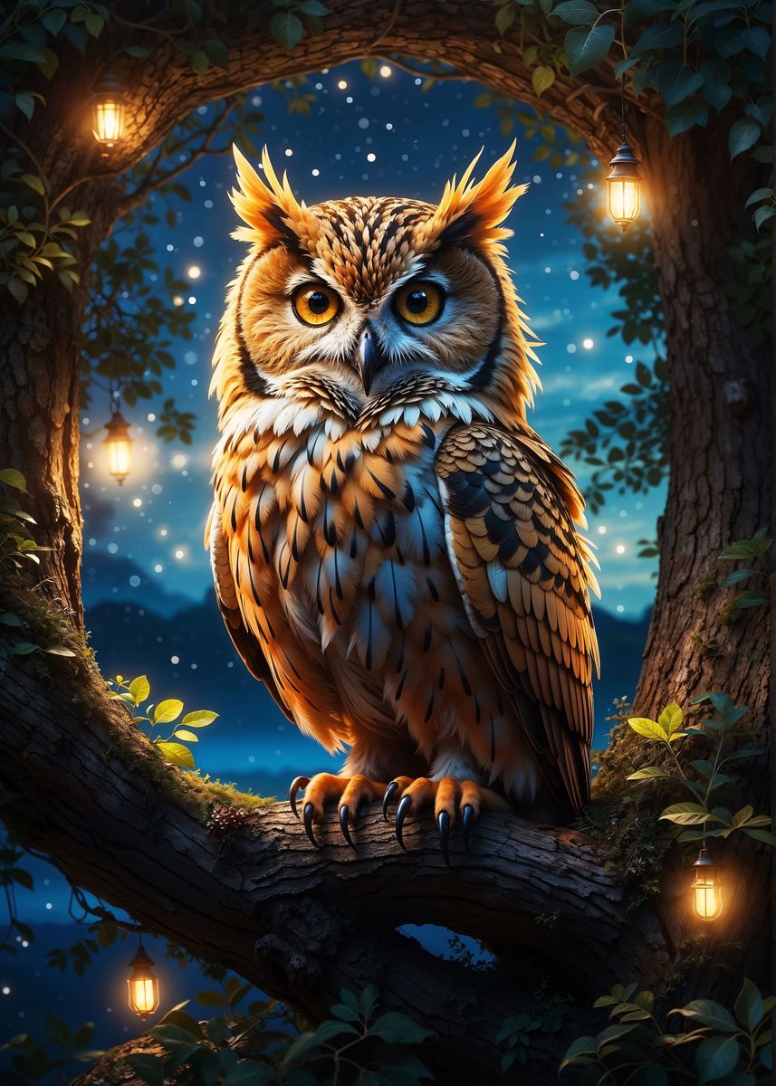 'Owl Perch Majesty in Moon' Poster, picture, metal print, paint by ...