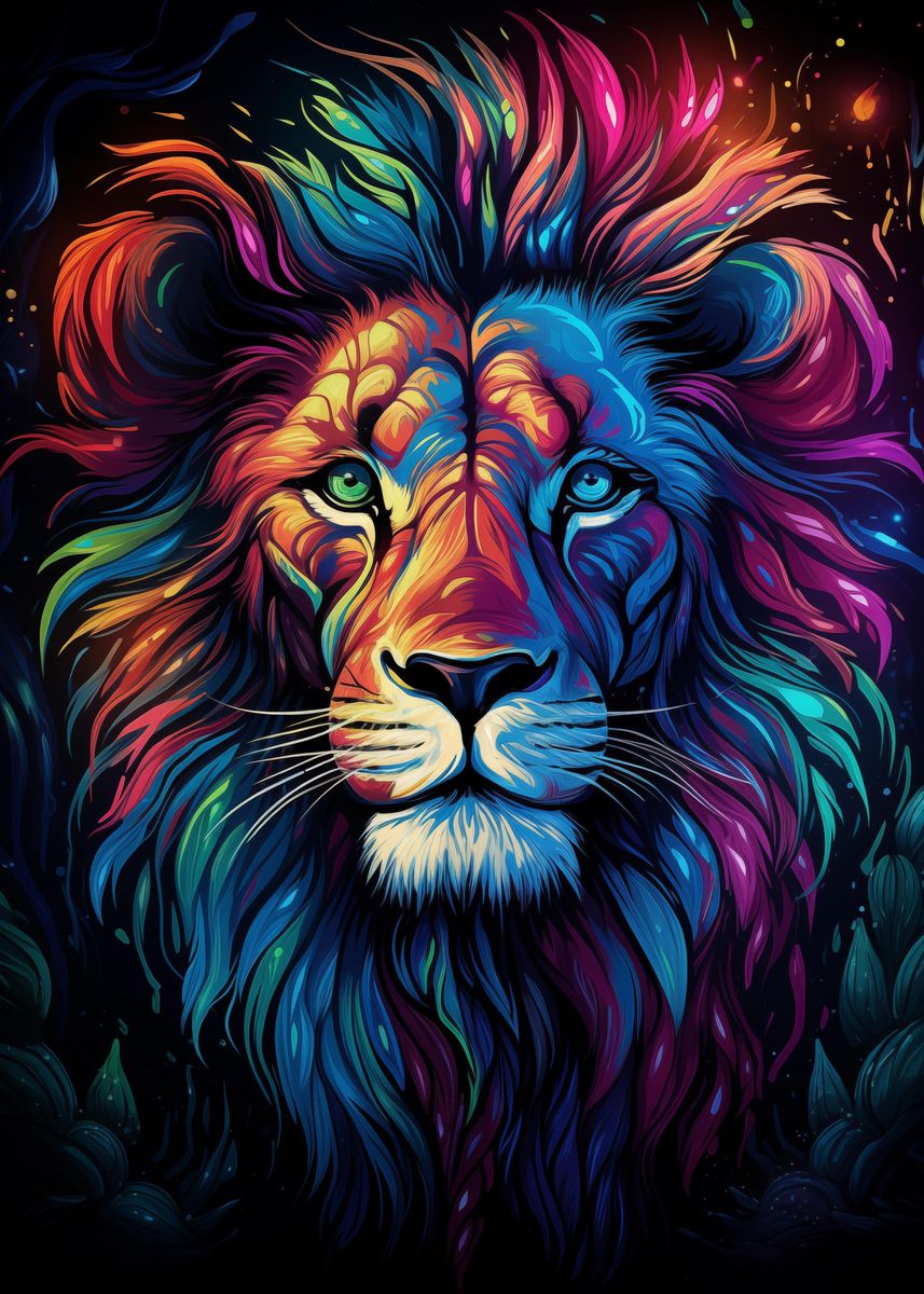 'Colorful Lion' Poster, picture, metal print, paint by PERMADI | Displate