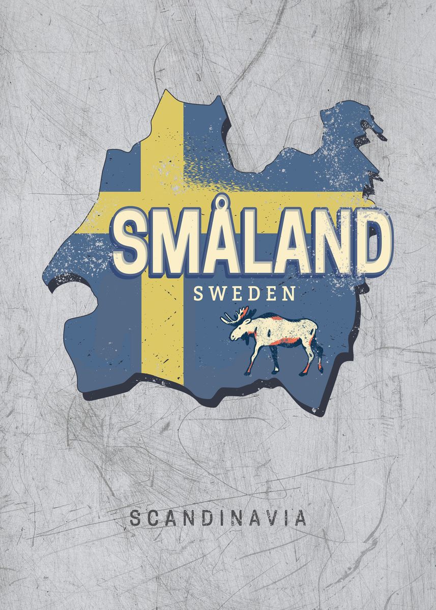 'Smaland Moose Sweden Map' Poster, picture, metal print, paint by Nils ...
